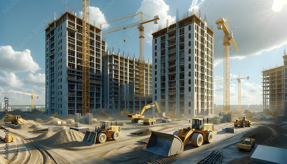 The image shows a large construction site with multiple high-rise ...