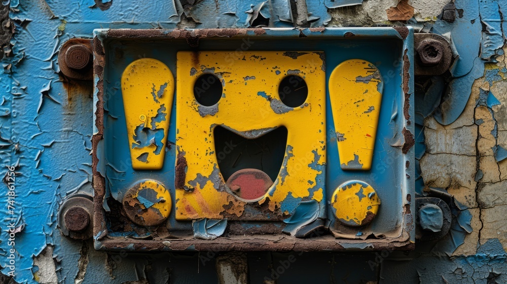 yellow square smiley face with two exclamation points on a old peeling ...