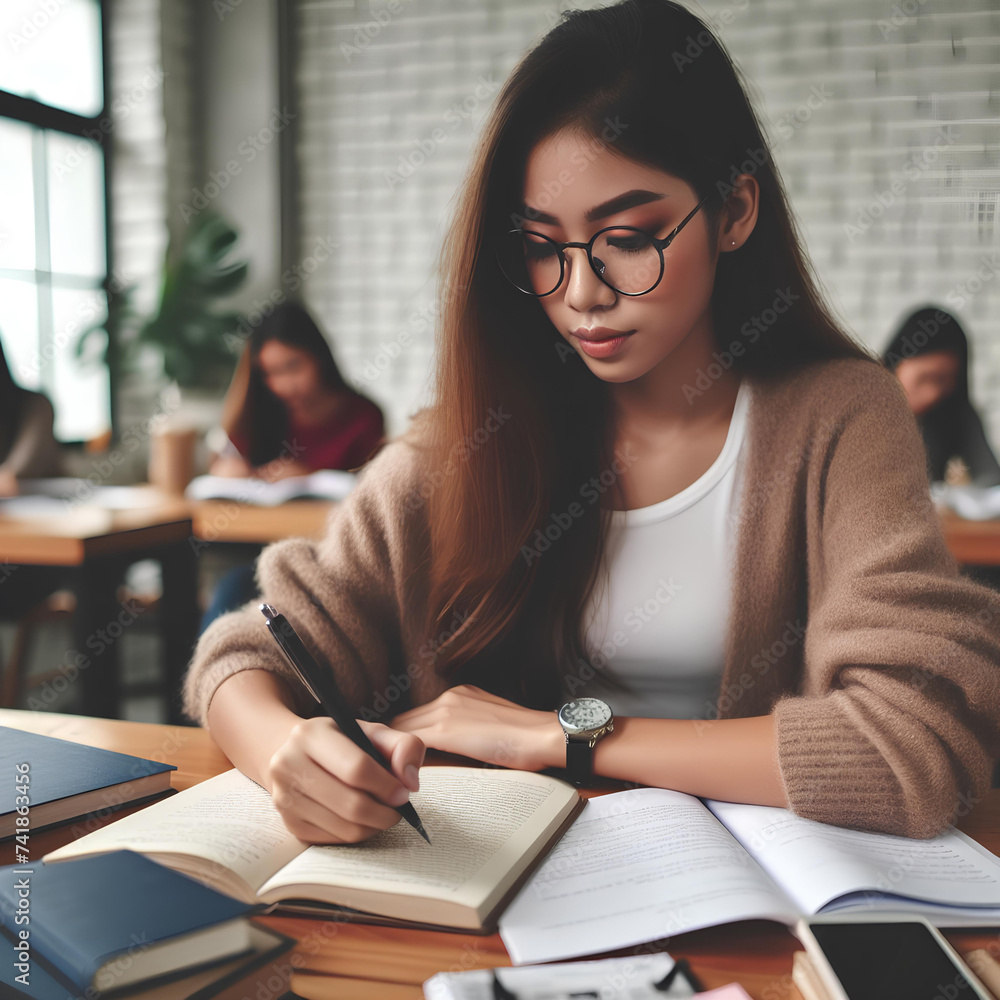 Writing, college and caucasian girl student in classroom brainstorming ...