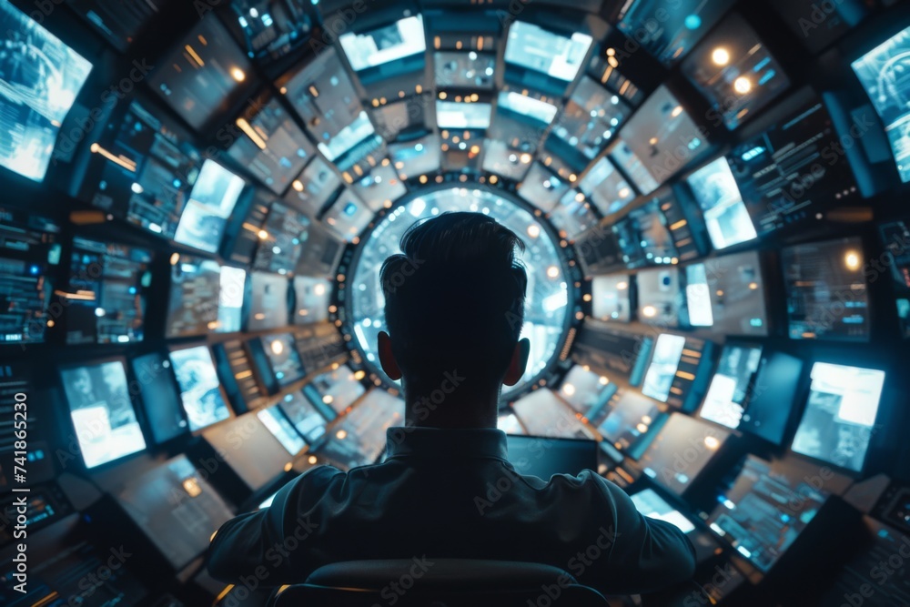 Advanced Technology Command Center - An operator commands a futuristic control room with myriad ...