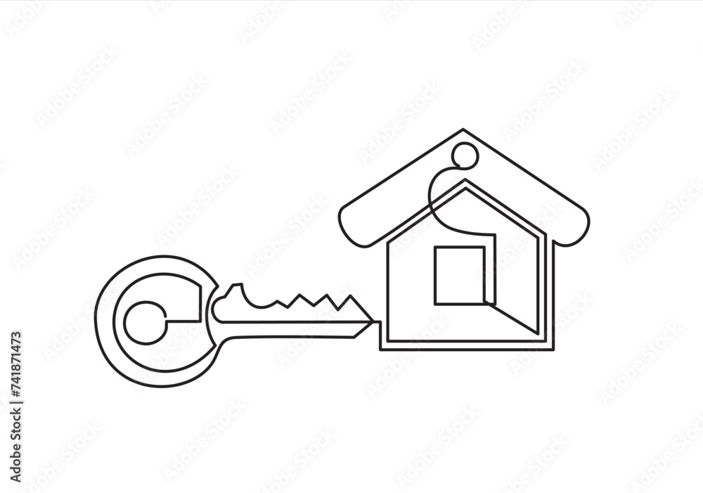 Single continuous line drawing black flat style key and house icon ...