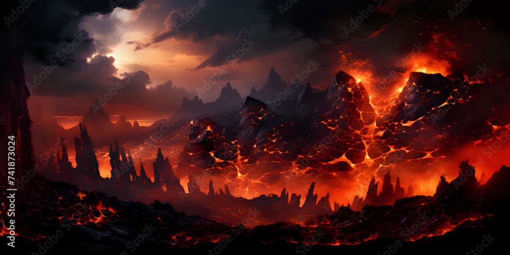 Volcanic Inferno Landscape. A dramatic digital painting depicting a ...