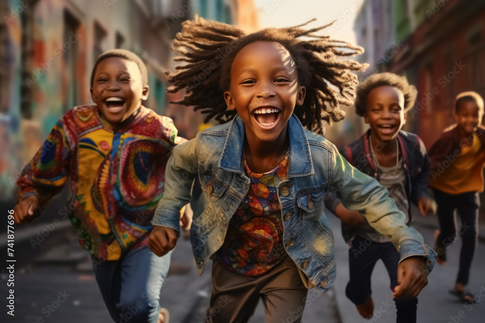 Group of happy black children laugh and running down the street in slum ...