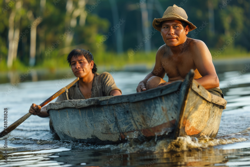 dos indígenas navegando en una pequeña barca de madera en la selva del ...