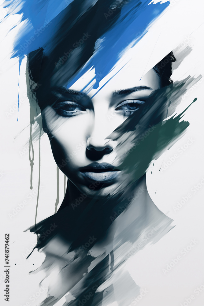 Female emotions. Watercolor abstract blue paint stokes over a female ...