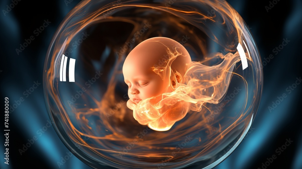 Fetal figure bathed in light within a translucent orb. Concept of ...