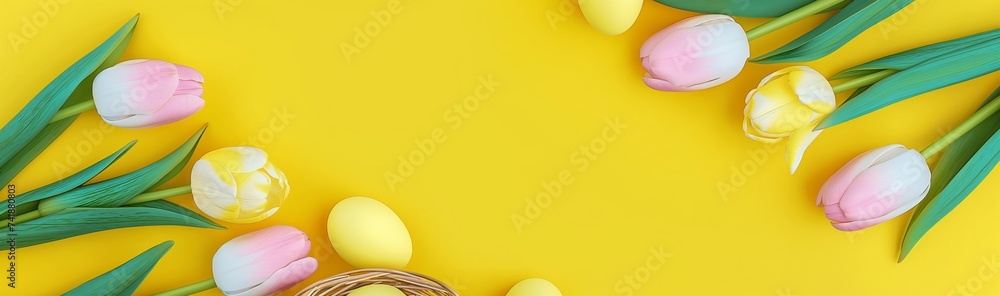Easter eggs and fresh tulips on a bright yellow background for easter ...