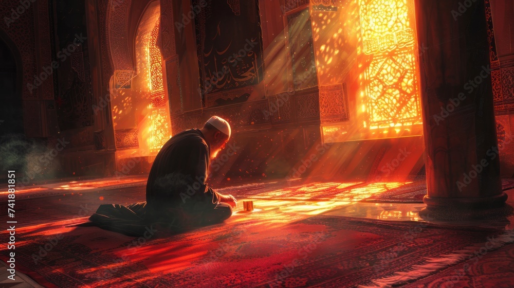 Muslim man offering prayers in a secluded corner of a mosque, his ...