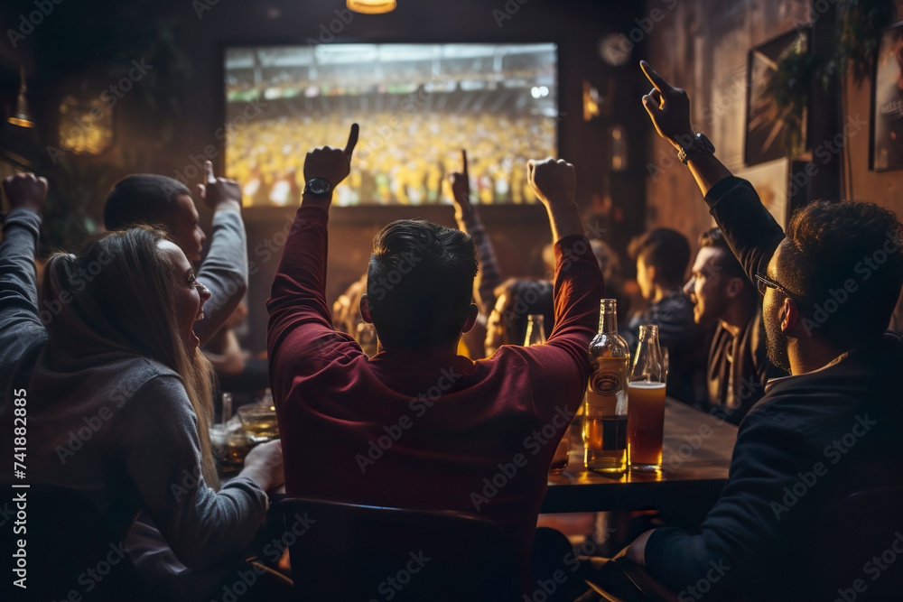 back, rear view of Group of young friends drinking beer watching ...