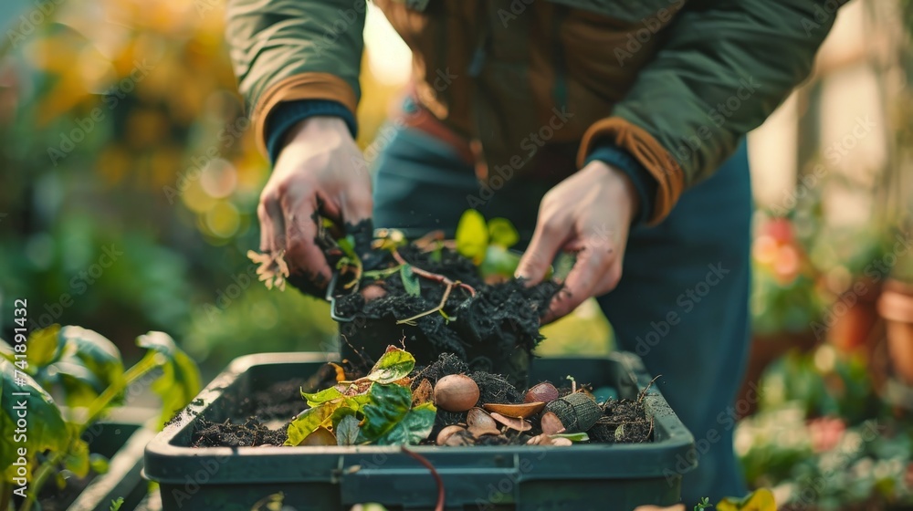 Man gardener composting food waste in backyard, Organic waste for ...
