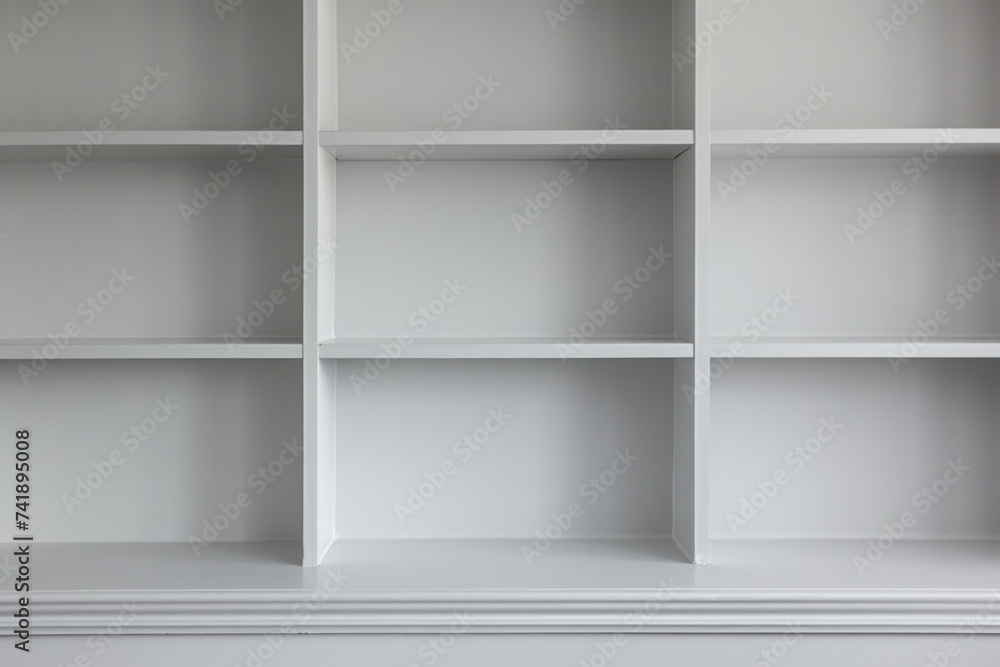 Empty modern white bookshelves on grey walls with a minimalist ...