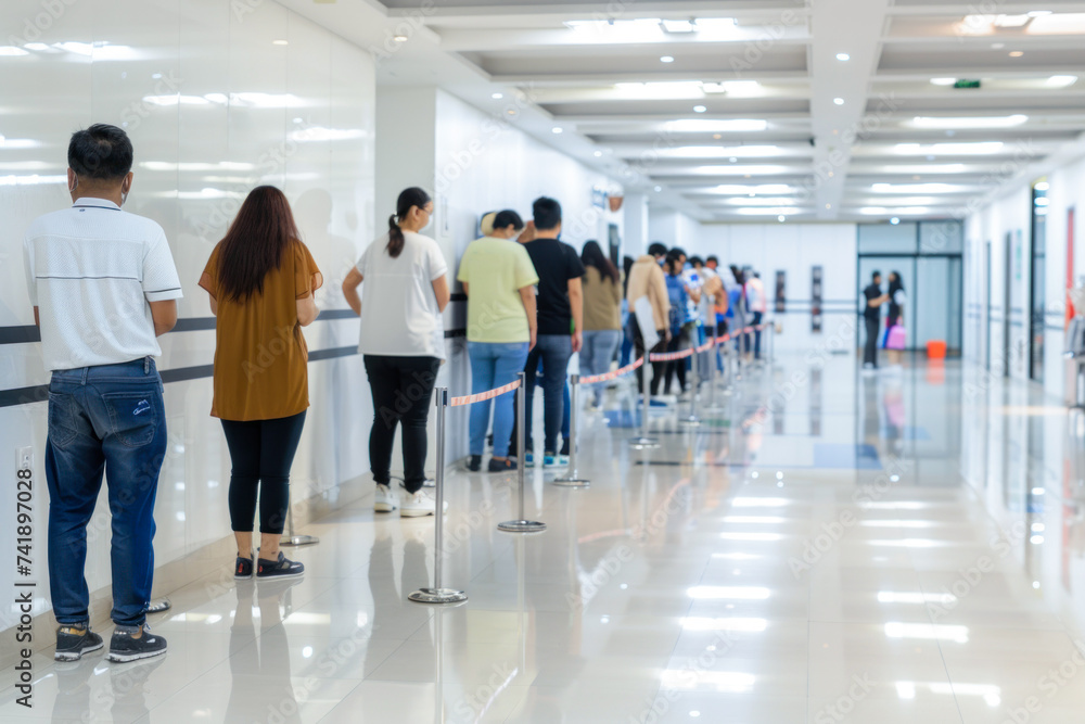 A long queue of diverse people standing in a hospital's bright and modern hallway, waiting ...