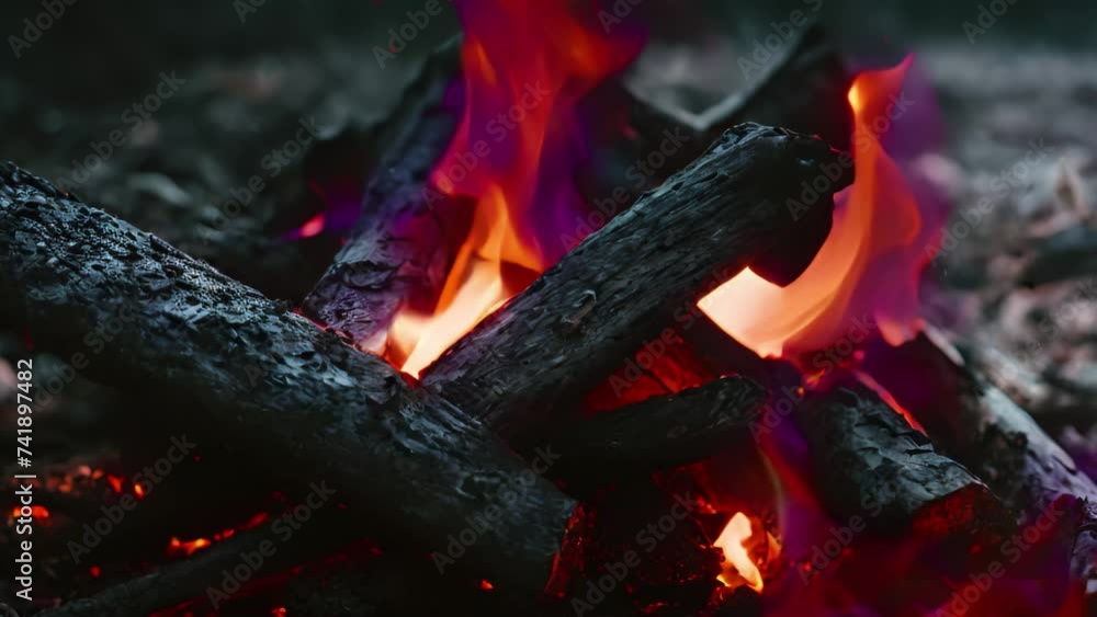 A close-up view of a roaring fire surrounded by a variety of logs ...
