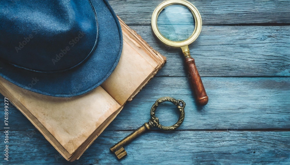old book a key a detective cap and a magnifying glass against a worn ...