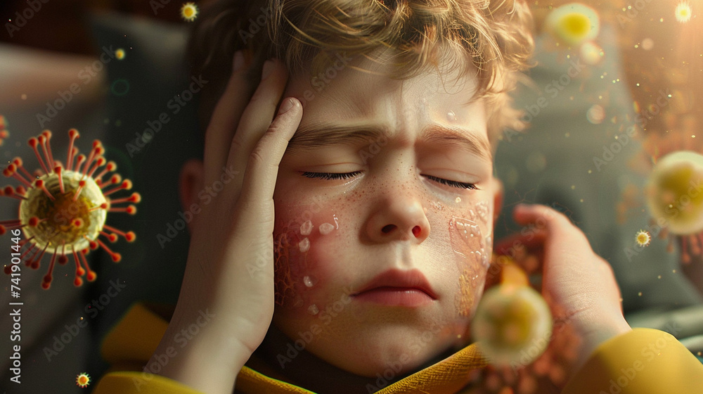 Boy sick with viral infection with rash on face, viruses flying around ...