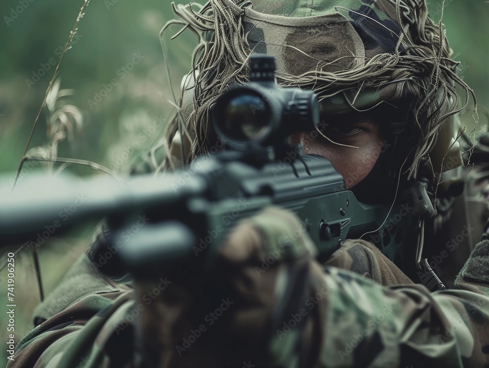 Sniper Concealed in Tall Grass with Rifle Stock Photo | Adobe Stock