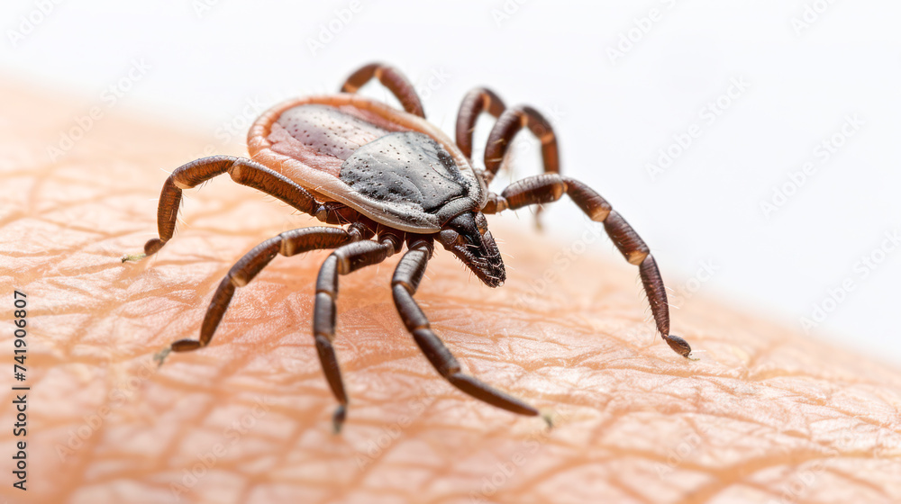 Crawling tick on human skin background. Dangerous parasitic mite on ...