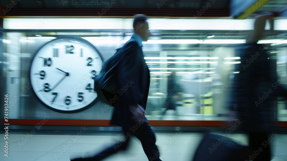 Blurry man walking fast in subway station with clock background ...