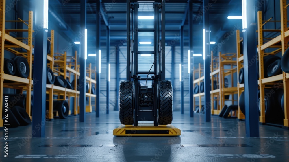 a tire changer in a rack in a warehouse hyper realistic bright lighting ...