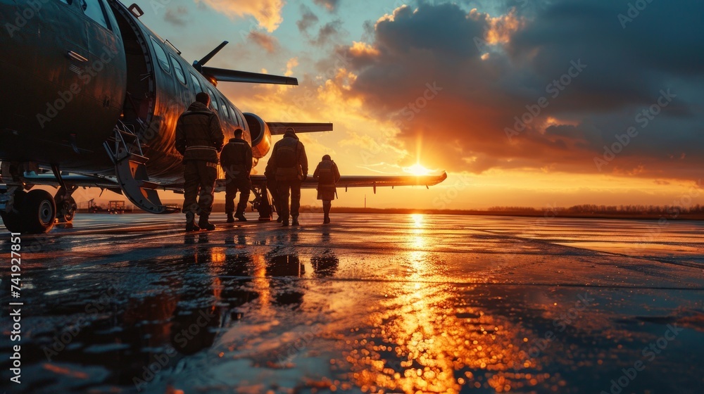 Airline crew on tarmac, preparing aircraft for departure, teamwork ...