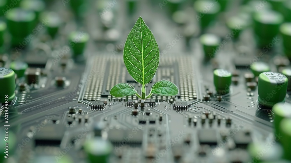 Green plant sprouting from computer processor unit symbolizing ...