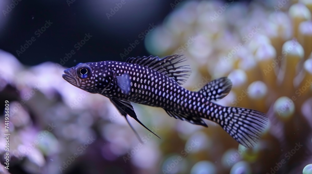 Colorful goby fish swimming among vibrant corals in a saltwater ...