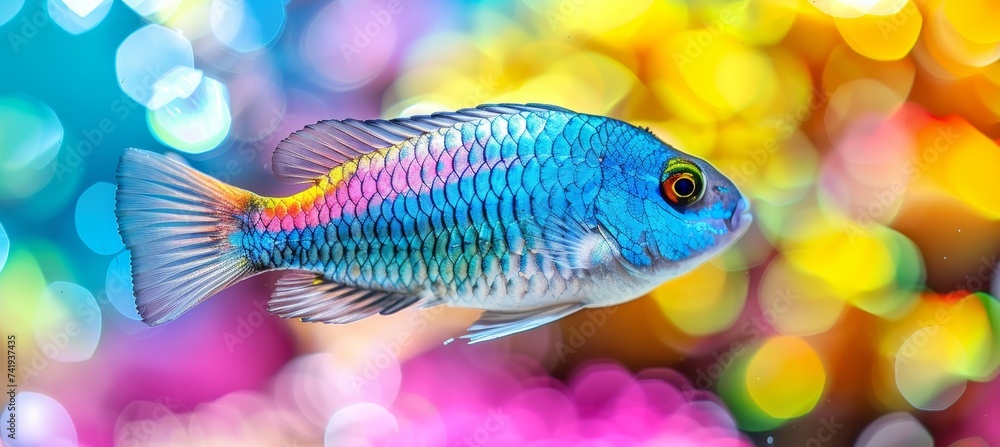 Chromis fish gracefully swim amid colorful corals in a captivating ...