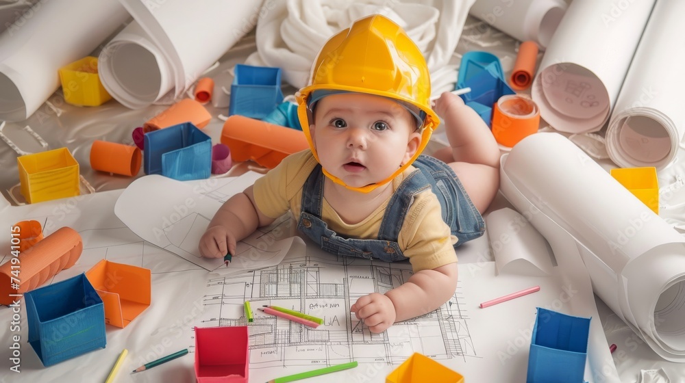 A determined toddler, with a plastic hard hat on his head, takes on the ...