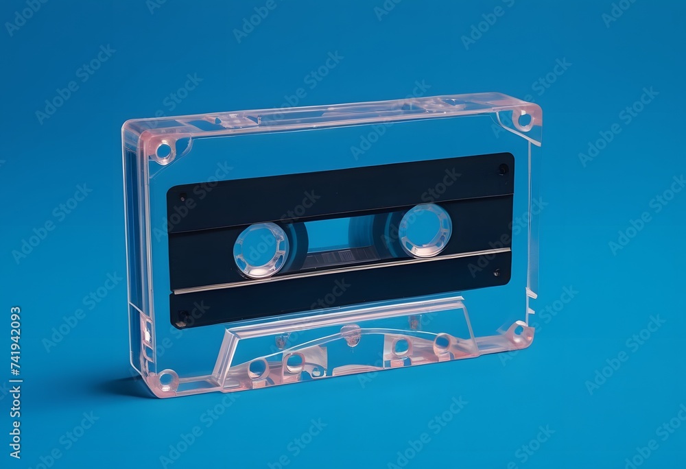 Blank cassette tape box on blue background. Vintage cassette tape case ...