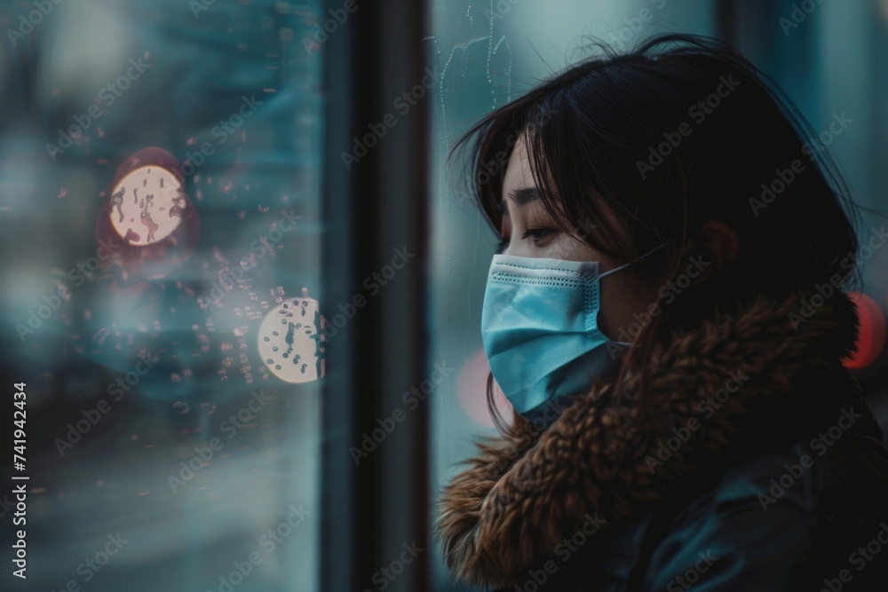 A woman, wearing a face mask, gazes out a window with a look of ...