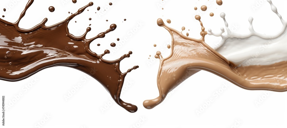 Mix of chocolate and white milk splashing together in isolated flow on ...