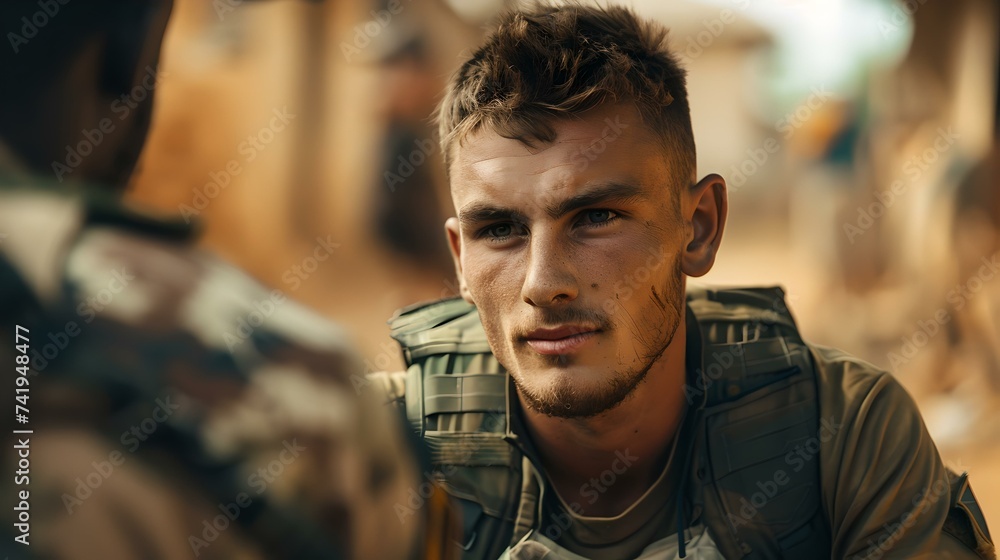 Portrait of a young soldier in combat gear, engaging eyes, outdoor ...