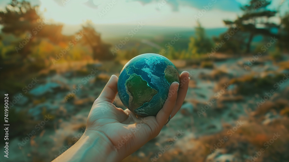 Woman's hand cradles Earth, depicting planet-saving for Earth Day ...