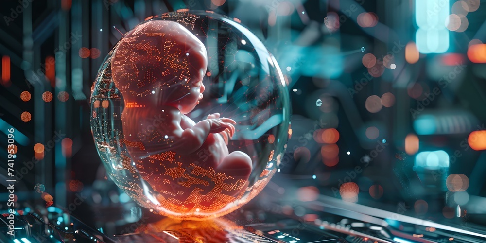 Surreal depiction of a human embryo in a glass sphere set against a ...