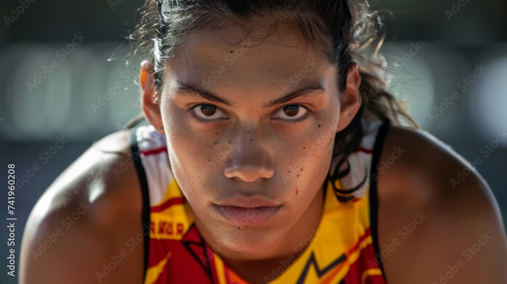 A determined athlete stares confidently into the camera, her strong ...