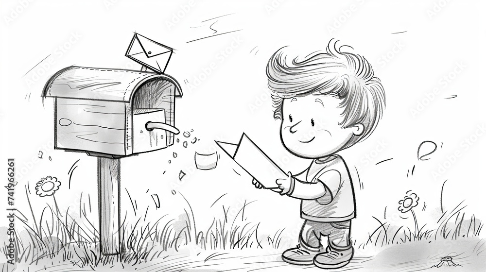 Black and white cartoon clean drawing of a little boy dropping a letter ...