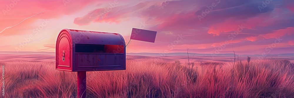 A postcard flies out of a bright red mailbox with an open lid. The ...