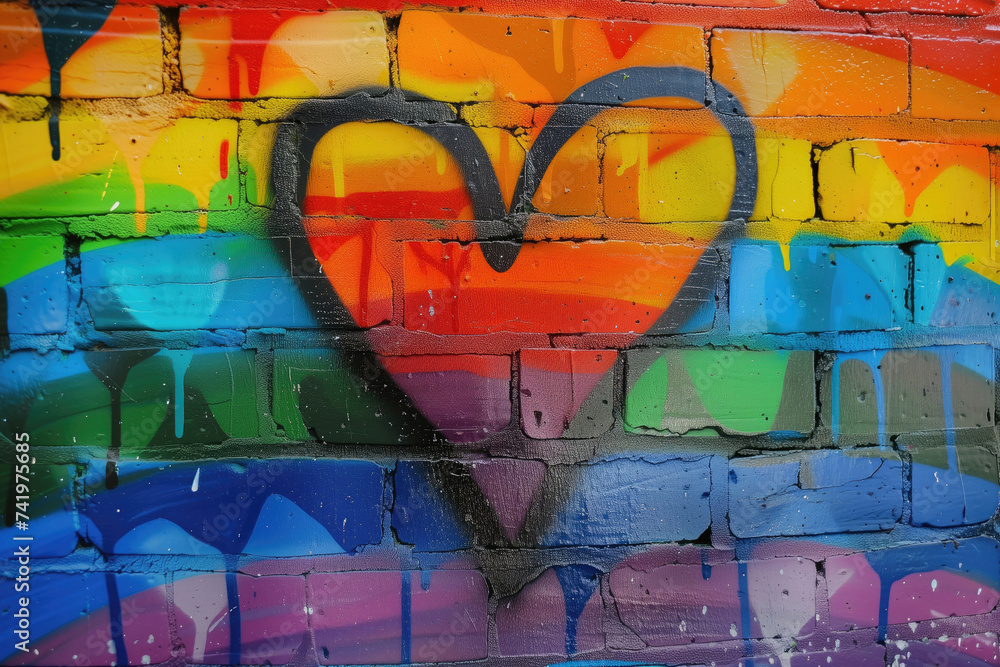 Colorful graffiti of a heart on a brick wall with a spectrum of rainbow ...