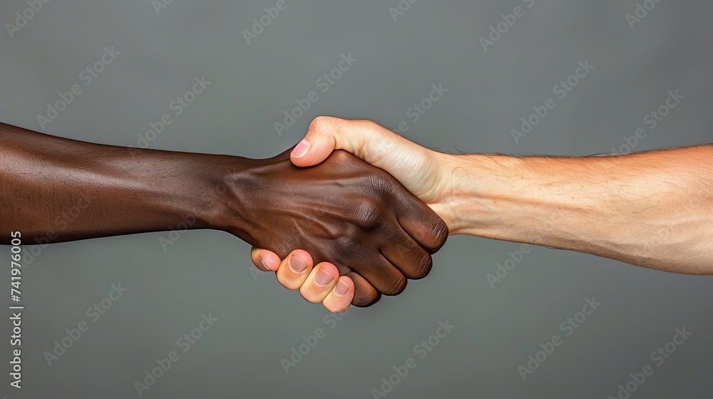 Closeup photo of two hands arms handshake different race multinational ...