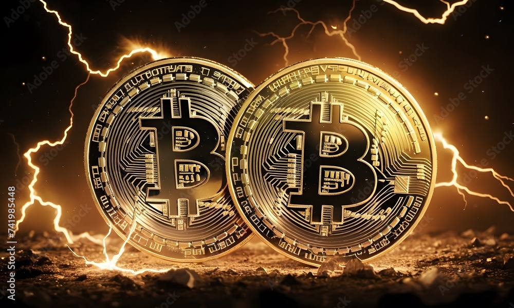 Two bitcoin coins rest on the ground with lightning in the background ...
