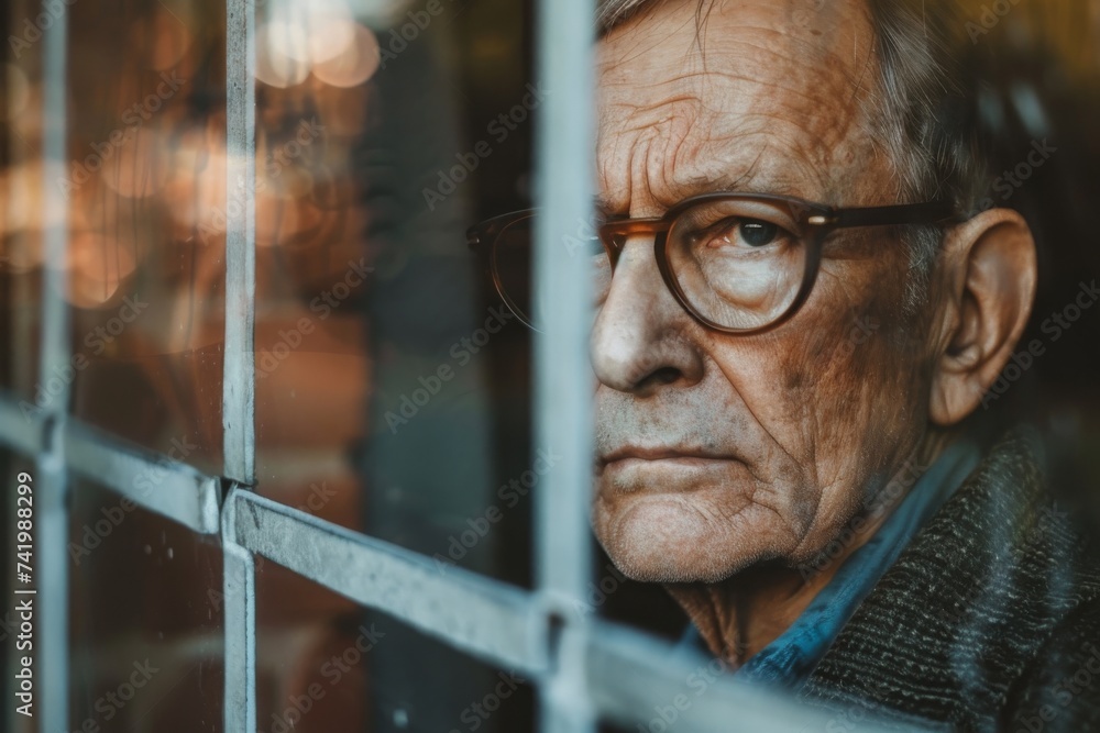 A man gazes through a fogged window, his wrinkled forehead reflecting ...