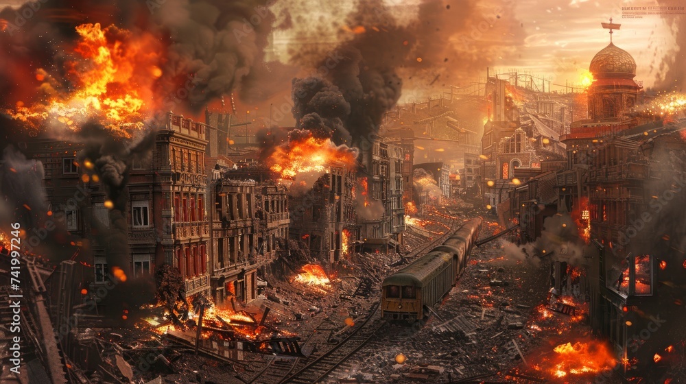 Elaborate destruction of a fictional city including fires, explosions ...