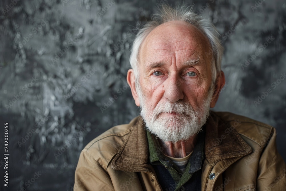 A seasoned man with a distinguished white beard wears a jacket over his ...