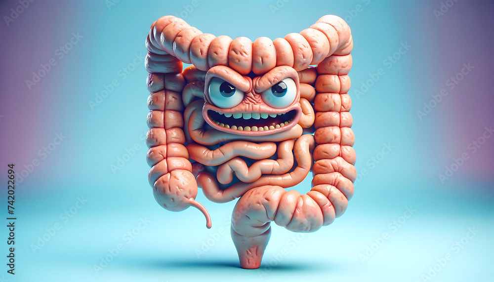Cartoon Intestine Monster Character with Gritted Teeth and Angry Eyes ...