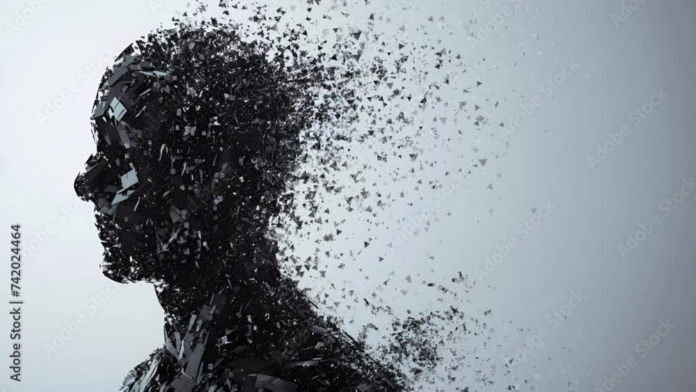 Illustration of a human being formed from grains dissipating energy ...