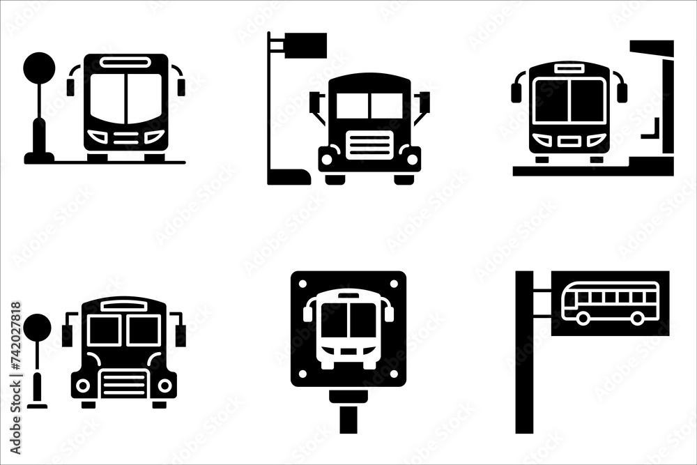 Bus stop icon set. Wait for public transport on white background Stock ...