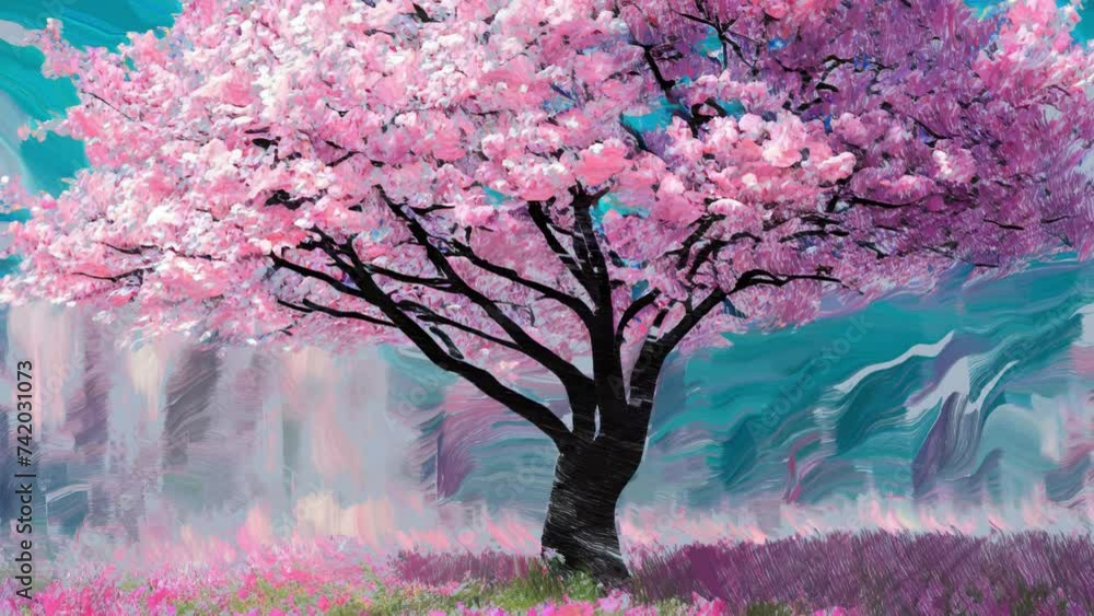 Cinematic parallax animation of springtime landscape with lush blooming ...
