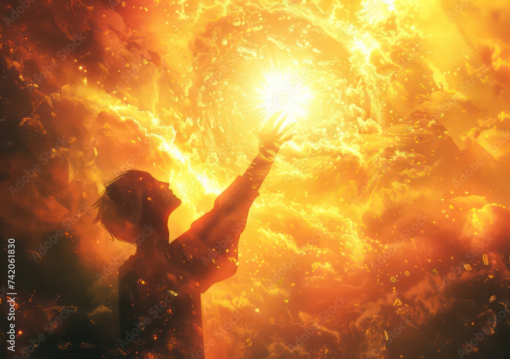 person is reaching for the sun, in the style of infused symbolism ...