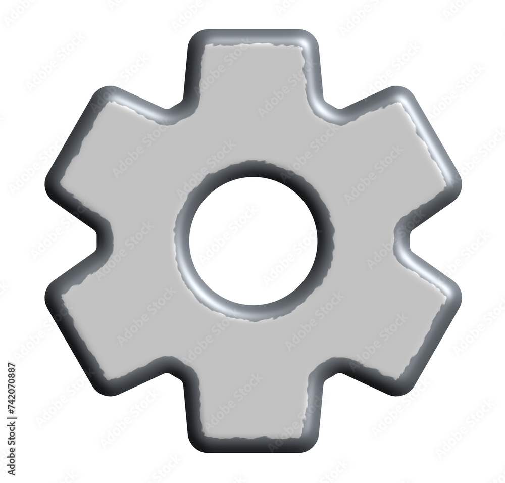 silvery gear done in 3d with 6 square cogs (gear teeth) and arbor hole ...