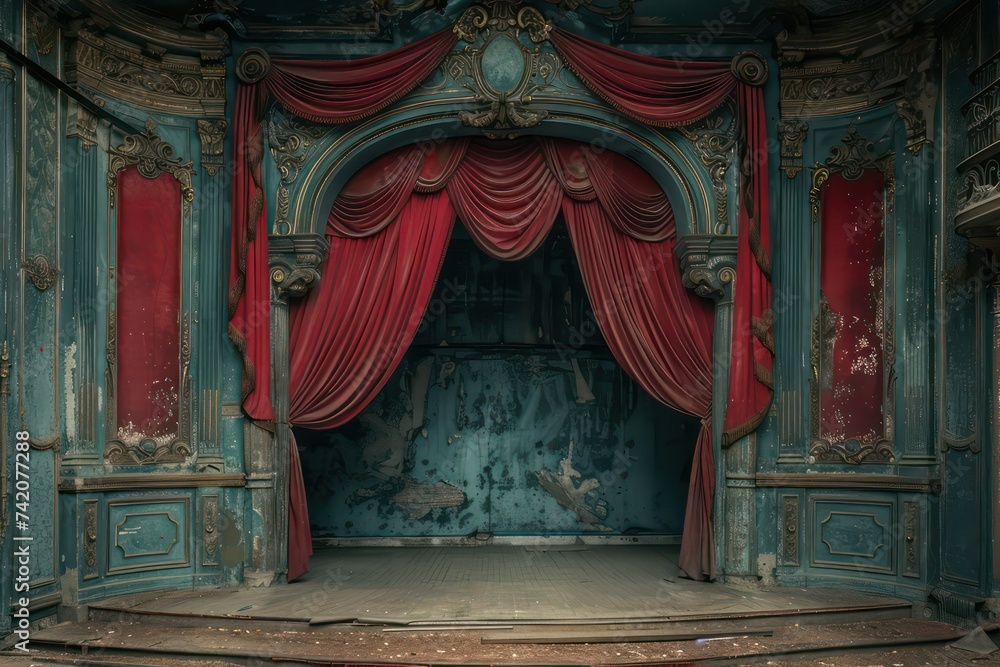 old blue theater stage with red curtains, in the style of rococo still ...